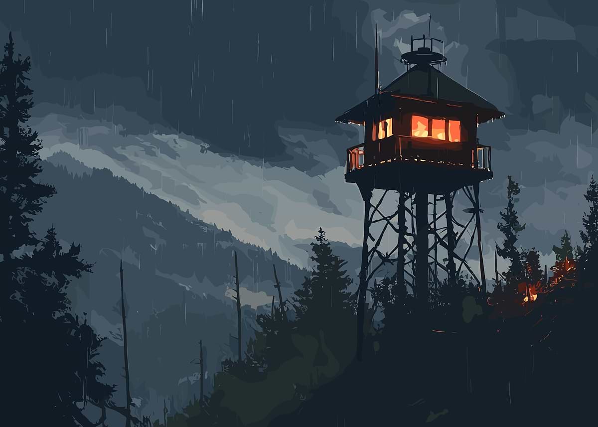 'Fire Lookout Tower in the Rain' Poster, picture, metal print, paint by ...