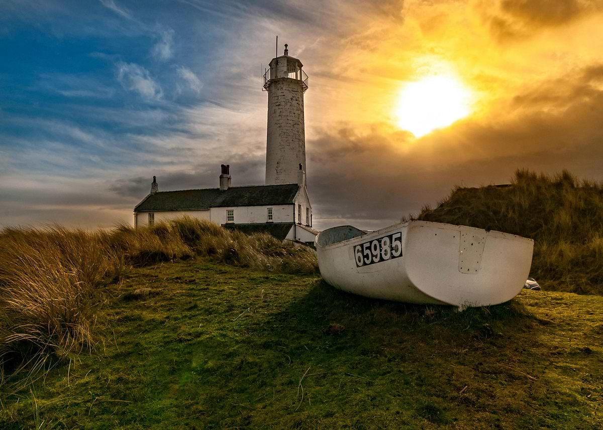 'Lighthouse, Boat, and Sunset Landscape' Poster, picture, metal print ...
