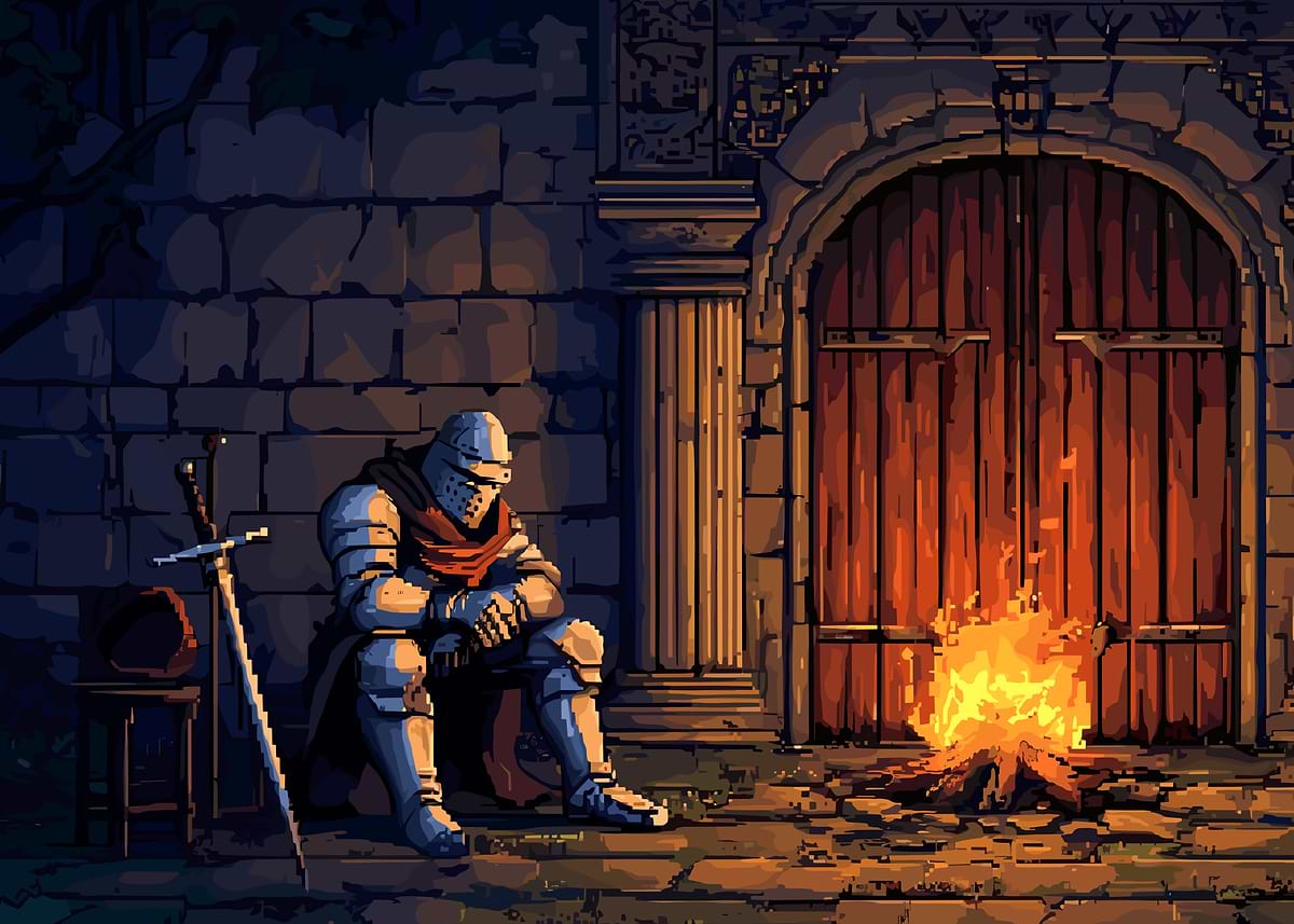 'Pixel Art Knight by Campfire' Poster, picture, metal print, paint by ...