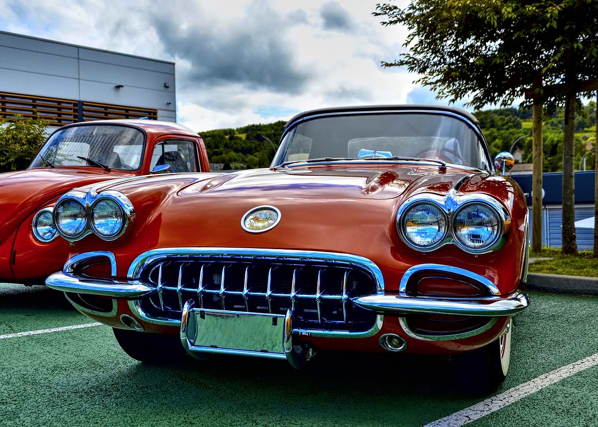 'Classic Orange Cars in Outdoor Setting' Poster, picture, metal print ...