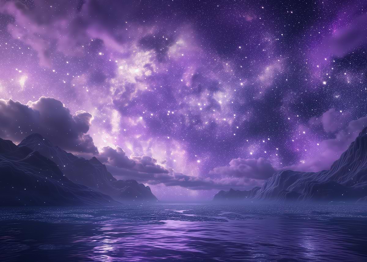'Purple Starry Sky Over The Lake' Poster, picture, metal print, paint ...