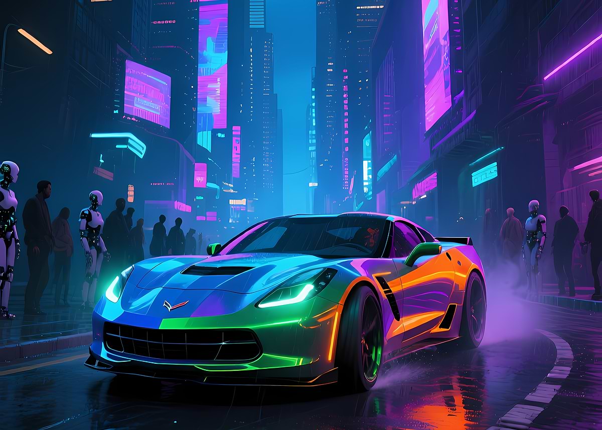 'Cyberpunk Corvette in Neon Cityscape' Poster, picture, metal print ...