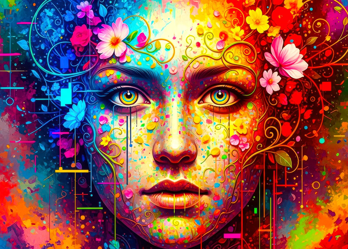 'Colorful Floral Face Portrait' Poster, picture, metal print, paint by ...