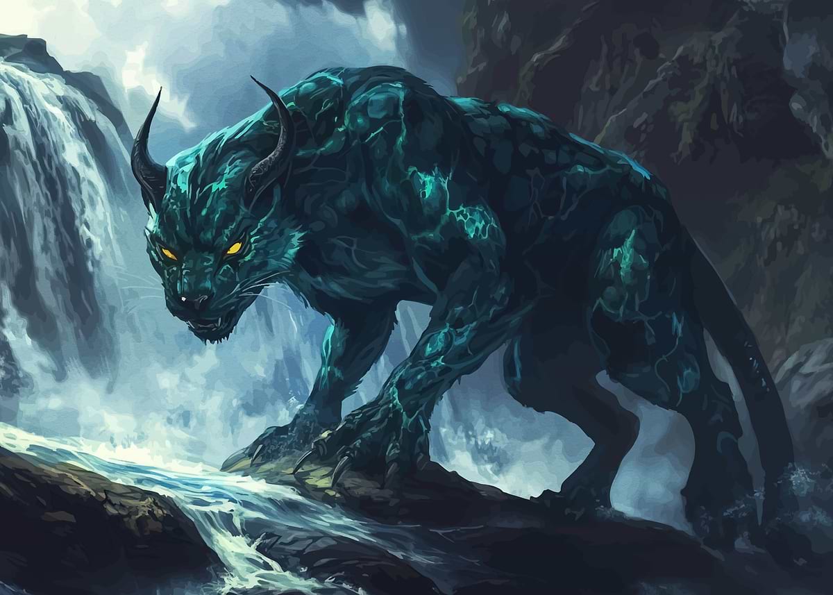 'Horned Panther Waterfall' Poster, picture, metal print, paint by Lacy ...