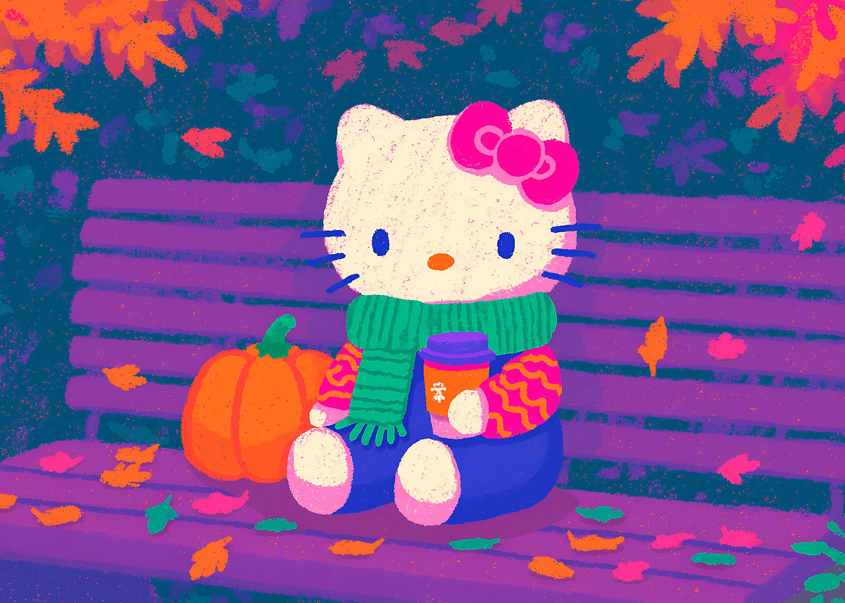 'Hello Kitty Autumn Bench Scene' Poster, picture, metal print, paint by ...