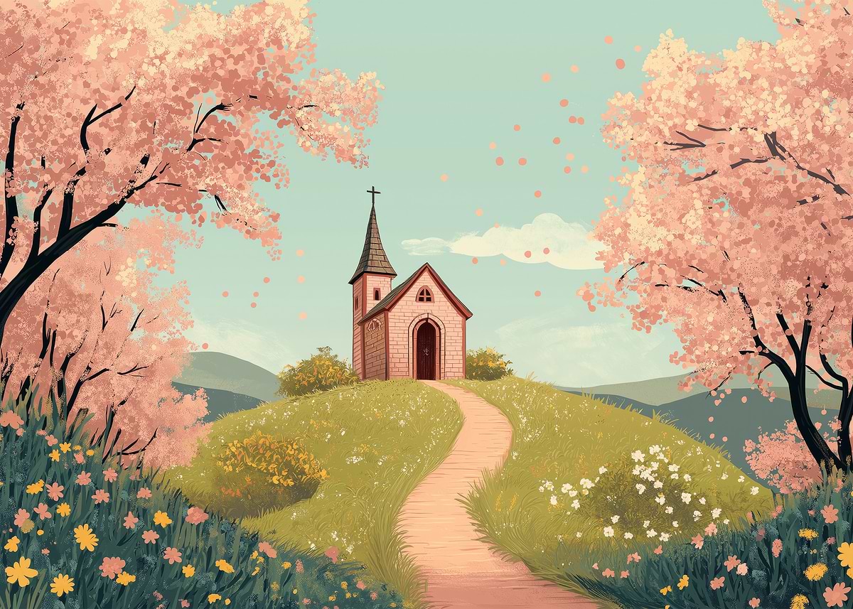 'Chapel on a Hill in Spring' Poster, picture, metal print, paint by ...