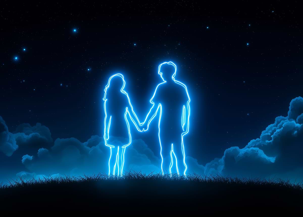 'Neon Couple Holding Hands Under Stars' Poster, picture, metal print ...