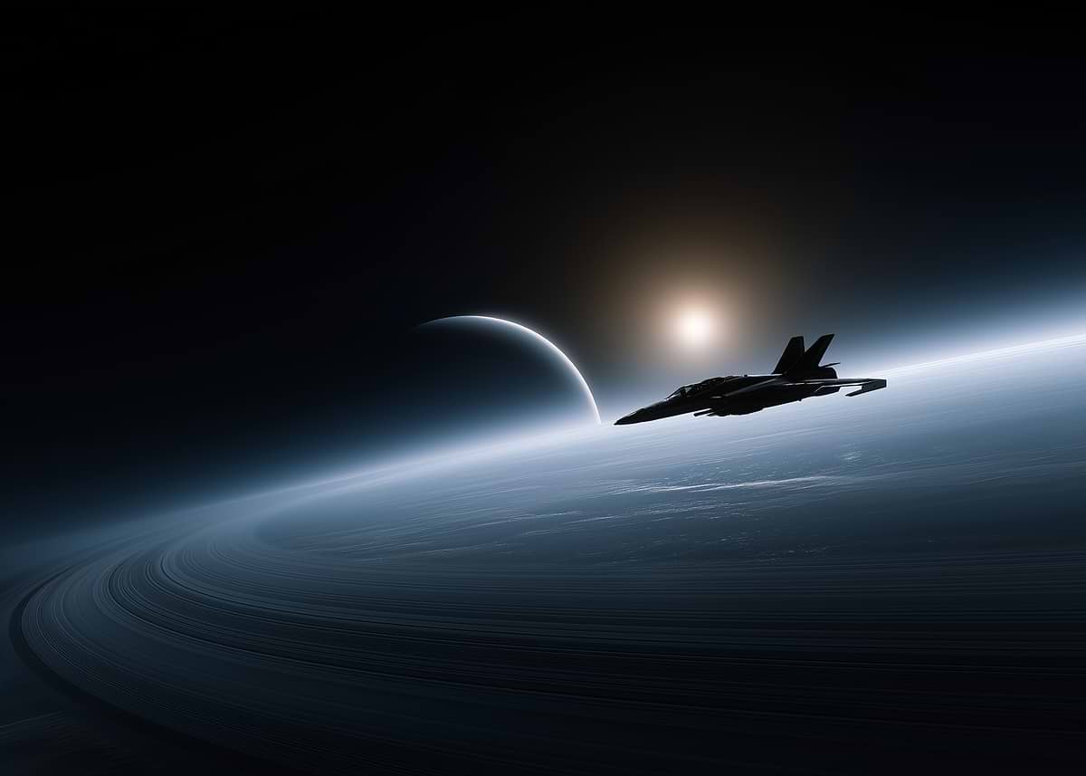 'Spacecraft over Ringed Planet' Poster, picture, metal print, paint by ...