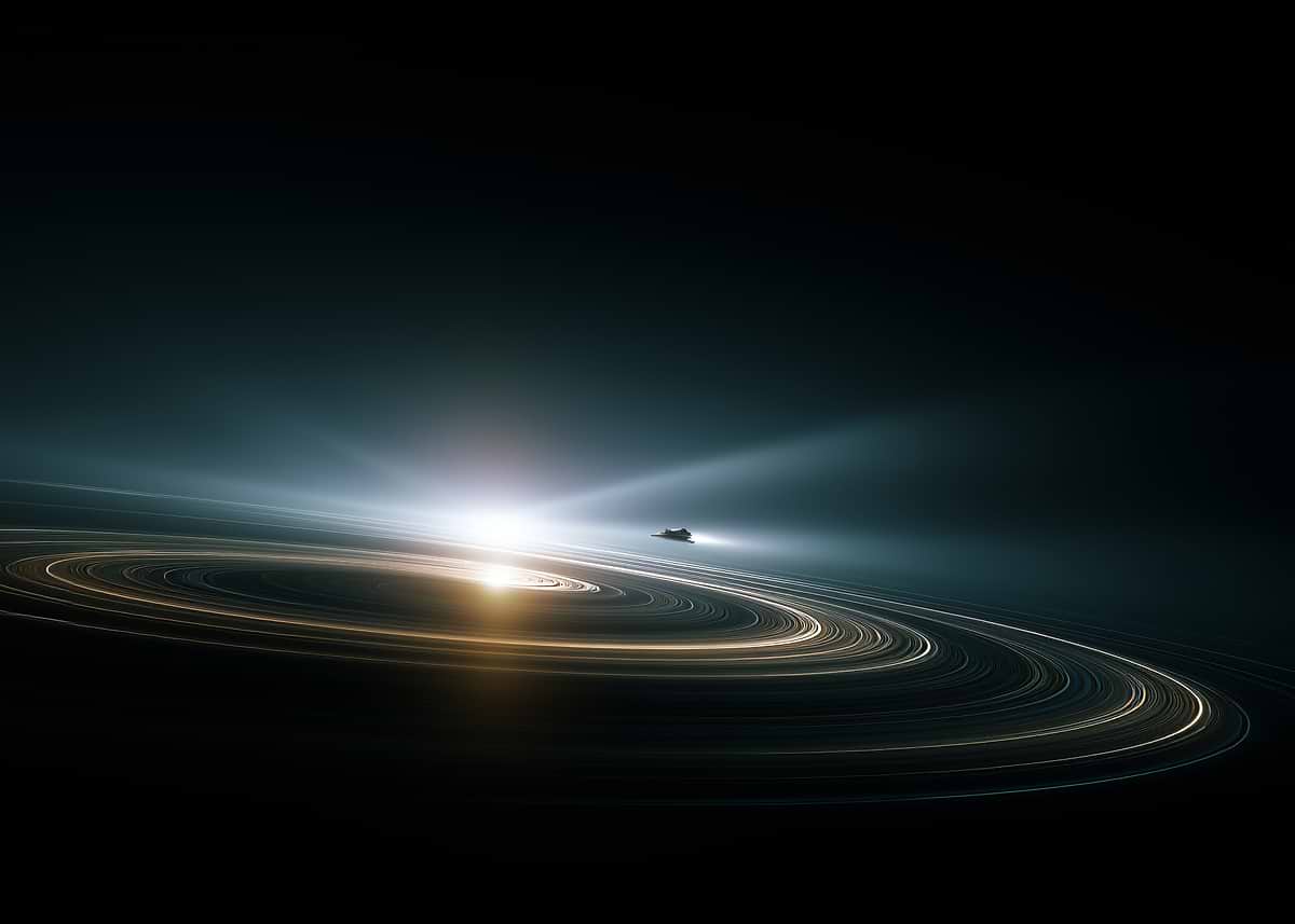 'Spacecraft Orbiting Ringed Planet' Poster, picture, metal print, paint ...
