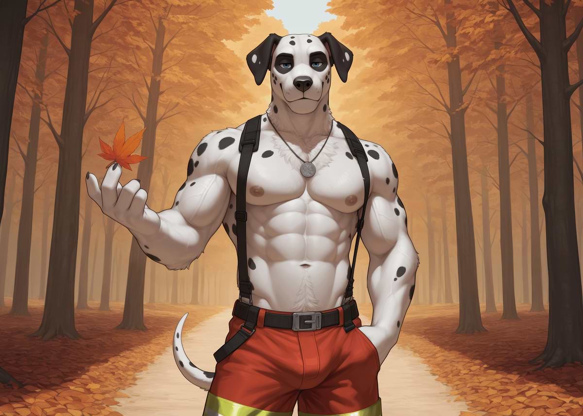 'Furry Dalmatian Firefighter in Autumn Forest' Poster, picture, metal ...