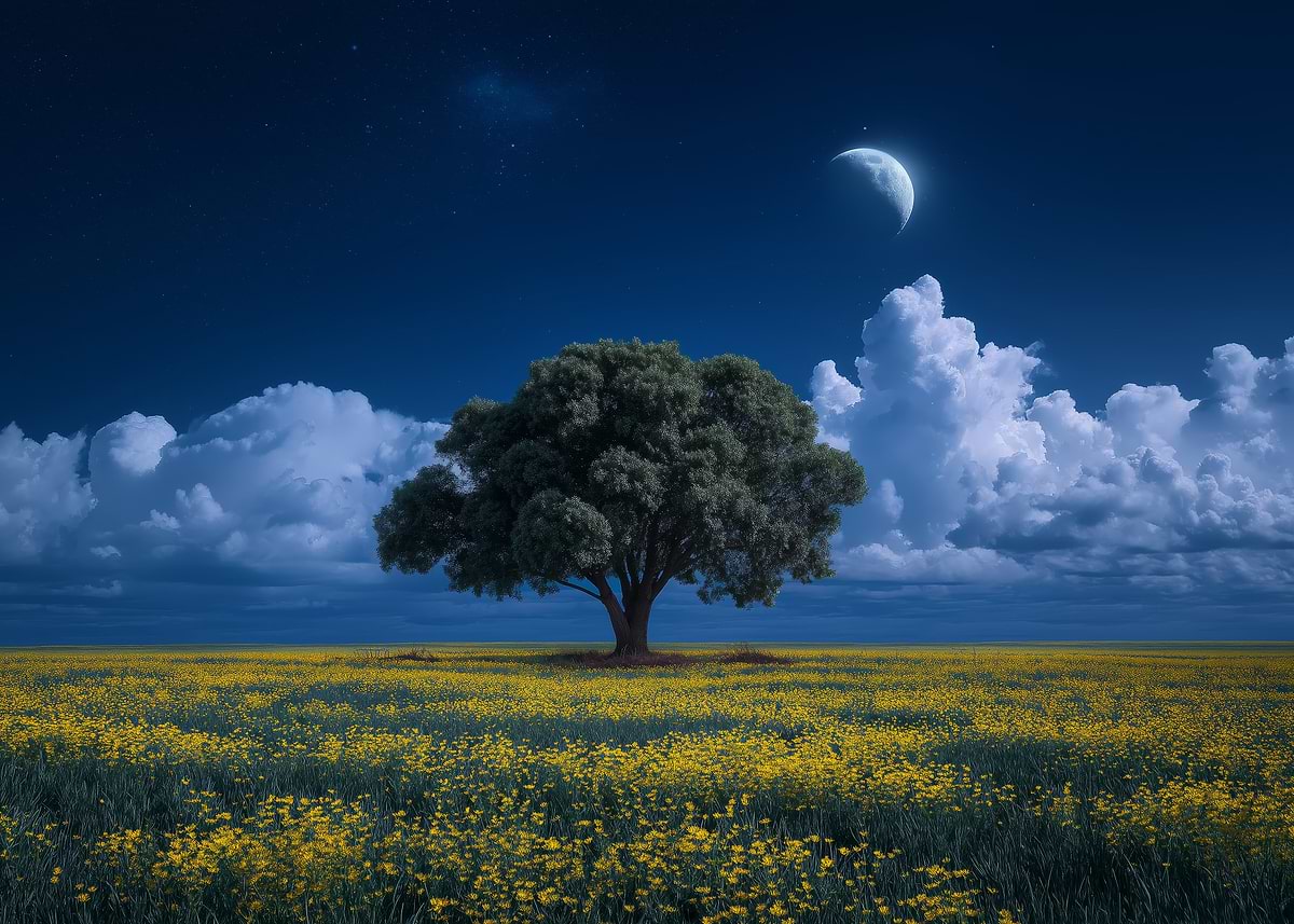 'Night Landscape with Tree and Moon' Poster, picture, metal print ...