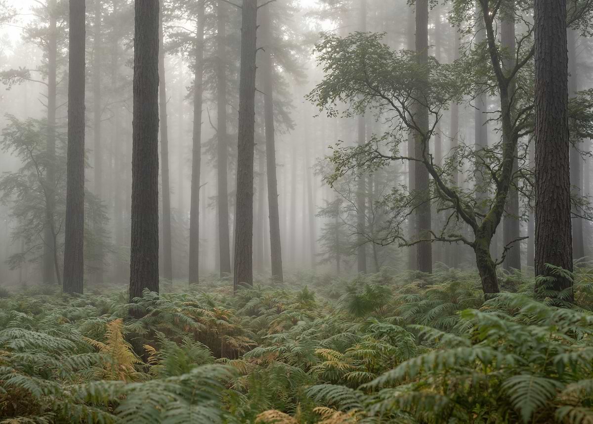 'Misty Forest with Ferns' Poster, picture, metal print, paint by ...