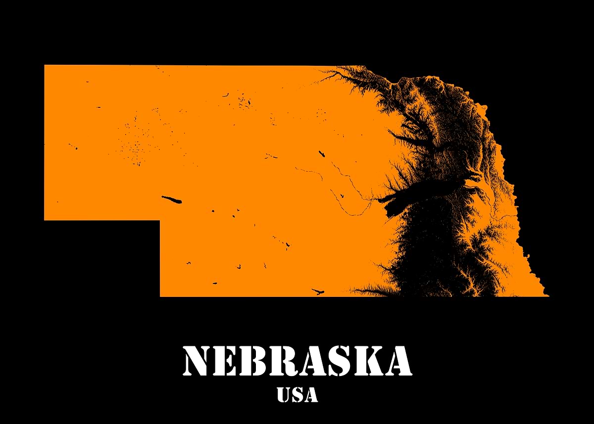 'Nebraska USA State Minimalist Black Orange Topographic Contour Relief ...