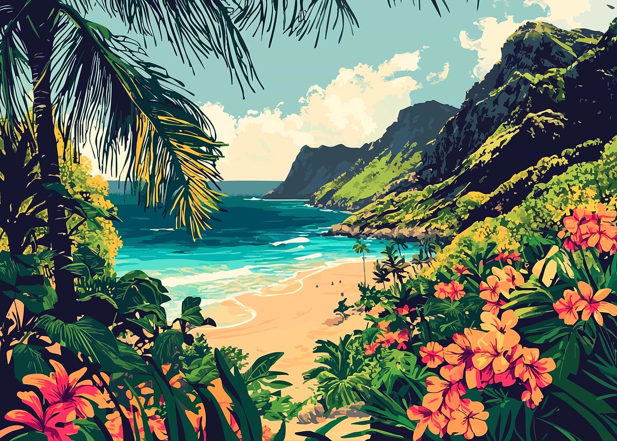 'Tropical Kauai Hawaii Beach Paradise Illustration Art' Poster, picture ...