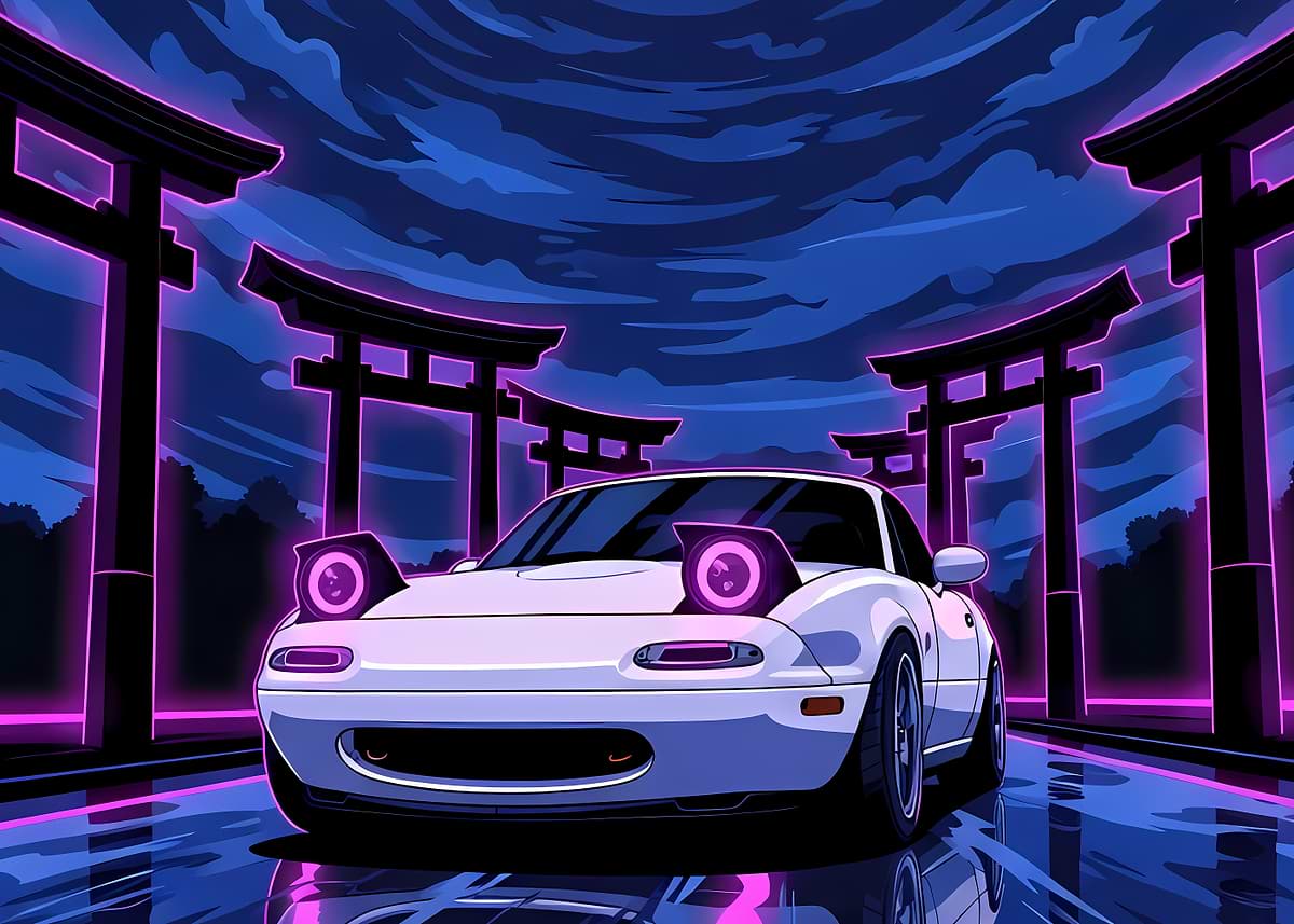 'White Car with Neon Torii Gates' Poster, picture, metal print, paint ...