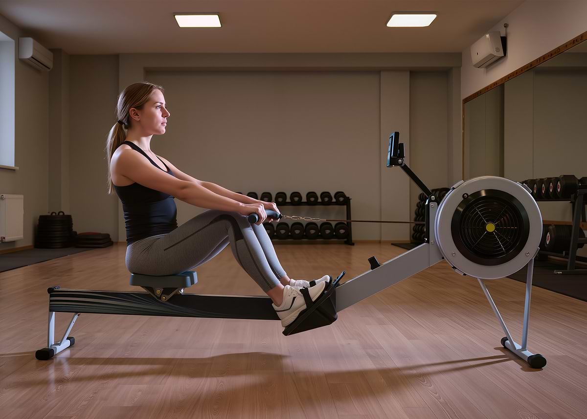 'Woman using rowing machine in gym' Poster, picture, metal print, paint ...