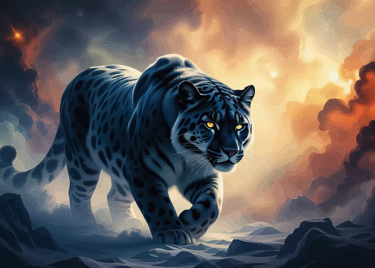 'Snow Leopard in Dramatic Landscape' Poster, picture, metal print ...