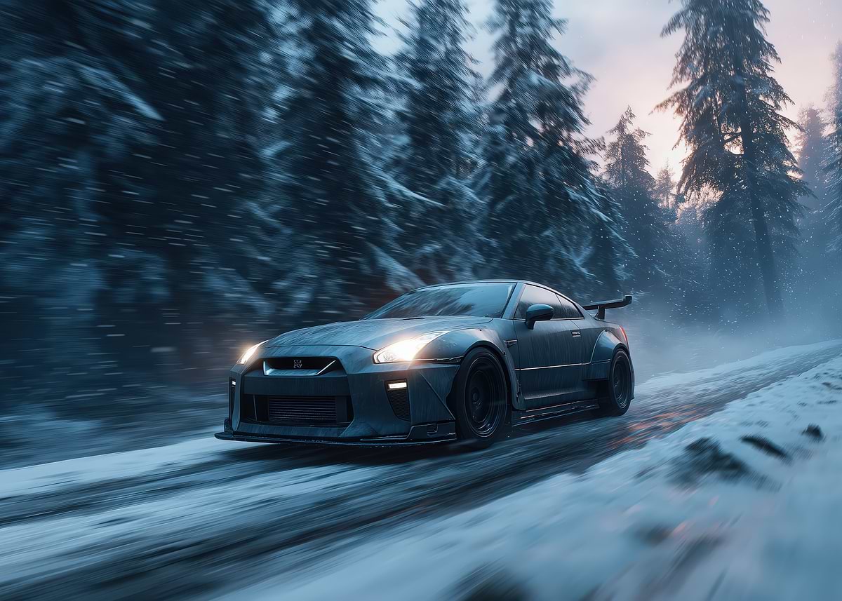 'Nissan GT-R in Winter Landscape' Poster, picture, metal print, paint ...