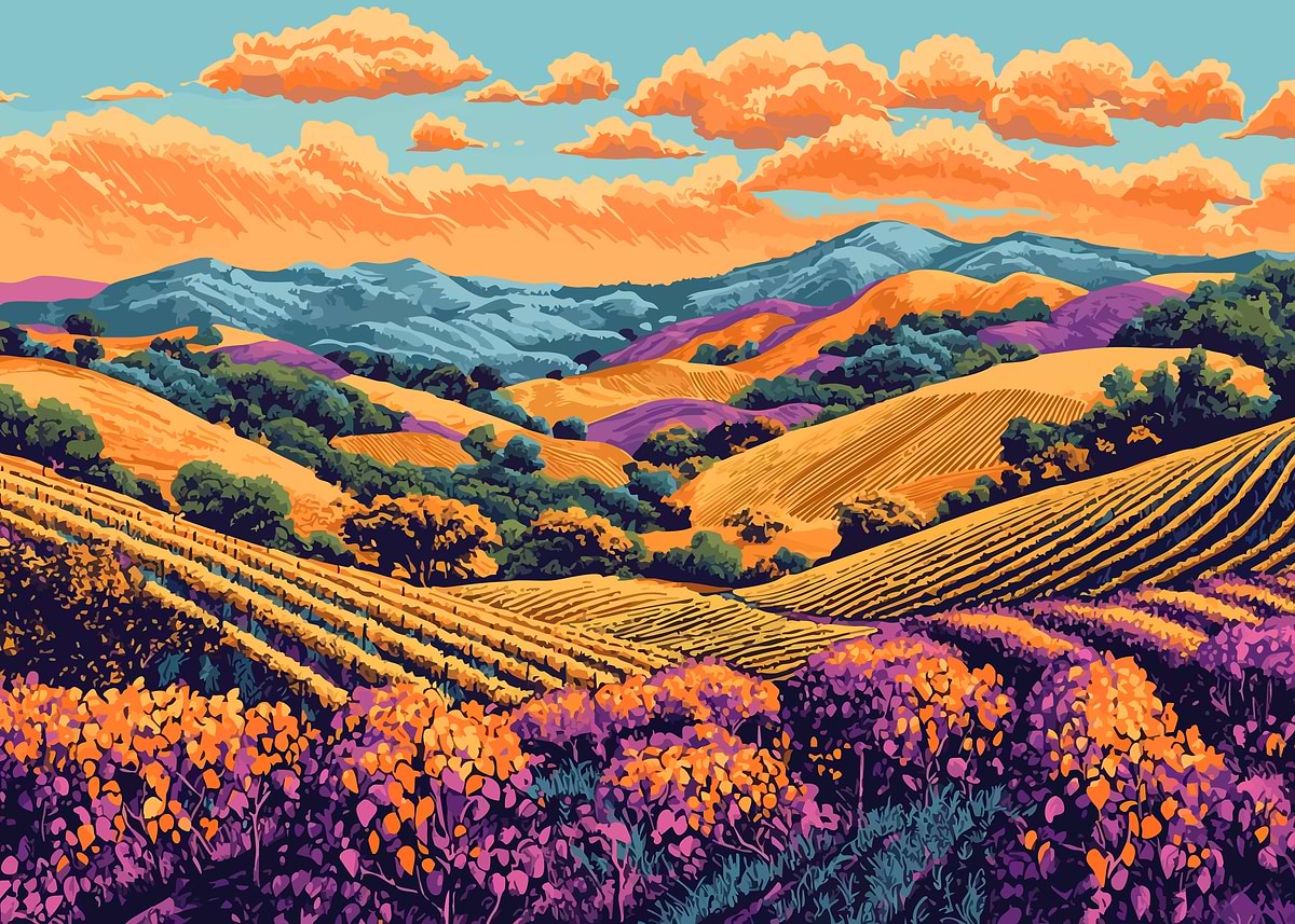 'Calm Vineyard Landscape Minimalist Art Illustration' Poster, picture ...