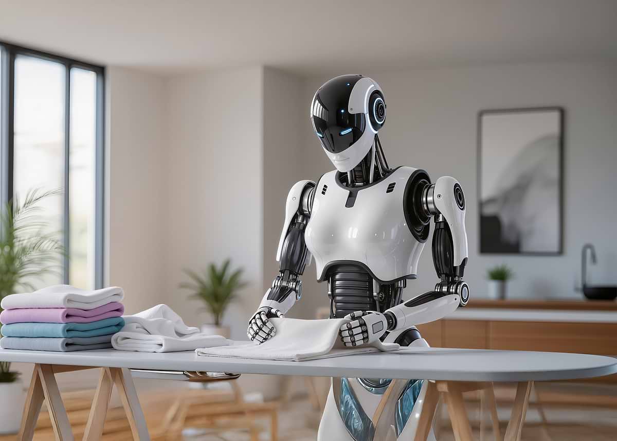 'Robot Ironing Clothes in Modern Interior' Poster, picture, metal print ...