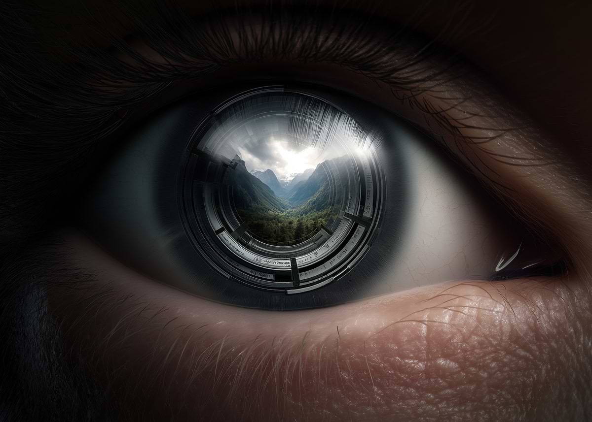 'Eye with Mountain Landscape Reflection' Poster, picture, metal print ...