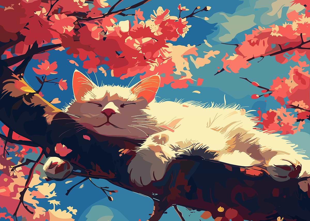 'Cat Nap Under Cherry Blossoms' Poster, picture, metal print, paint by ...