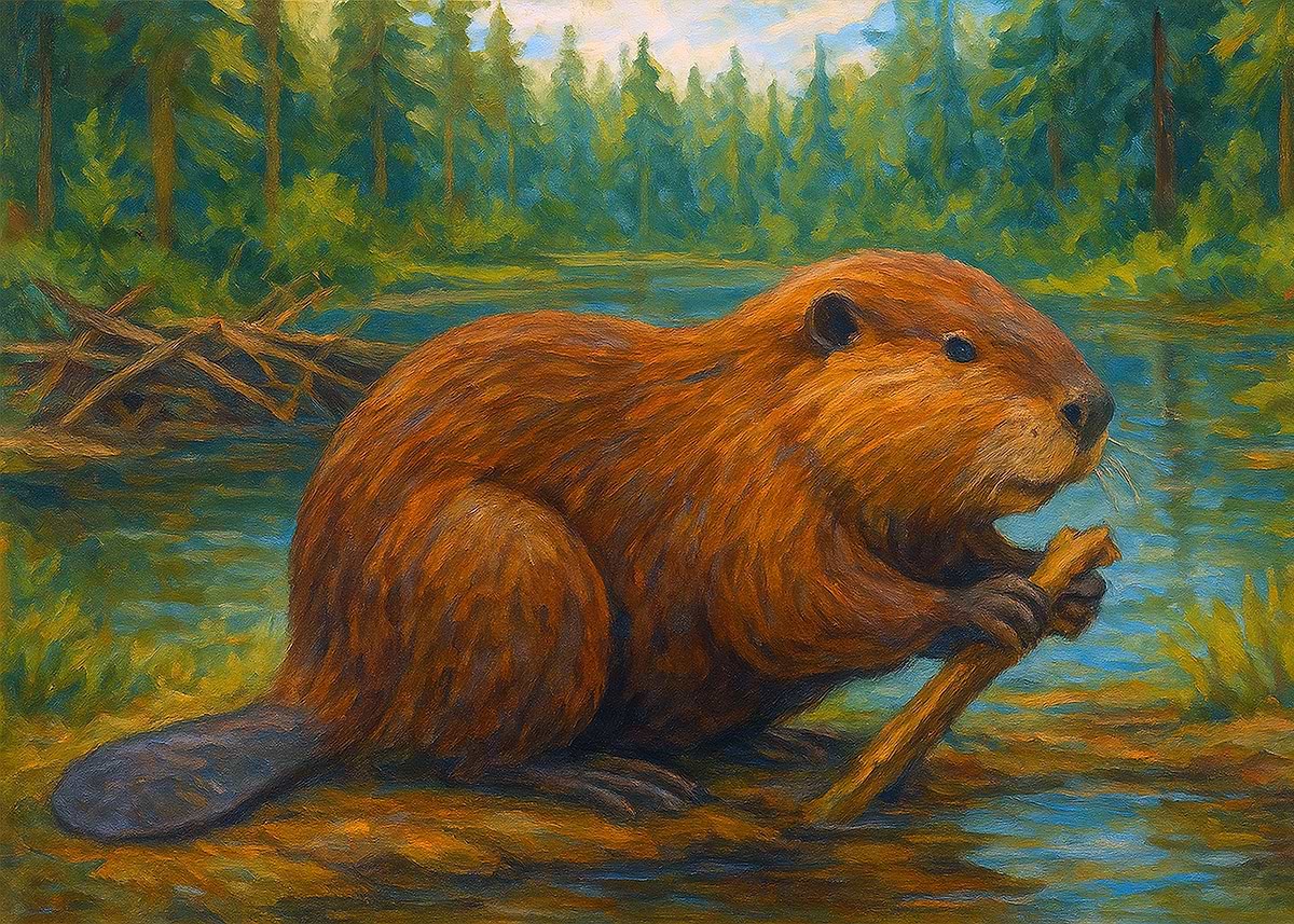 'Beaver with Wood in Forest Painting' Poster, picture, metal print ...