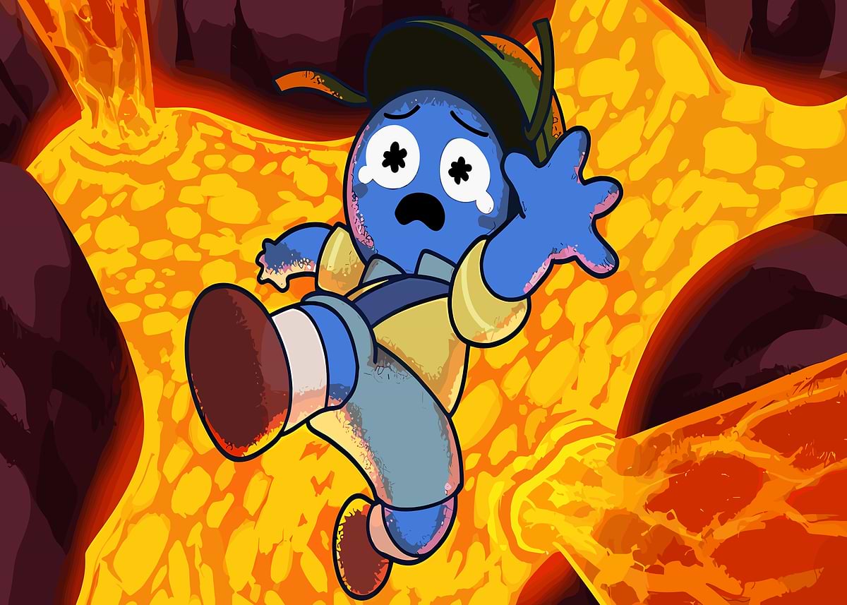'Cartoon Character Running from Lava' Poster, picture, metal print ...