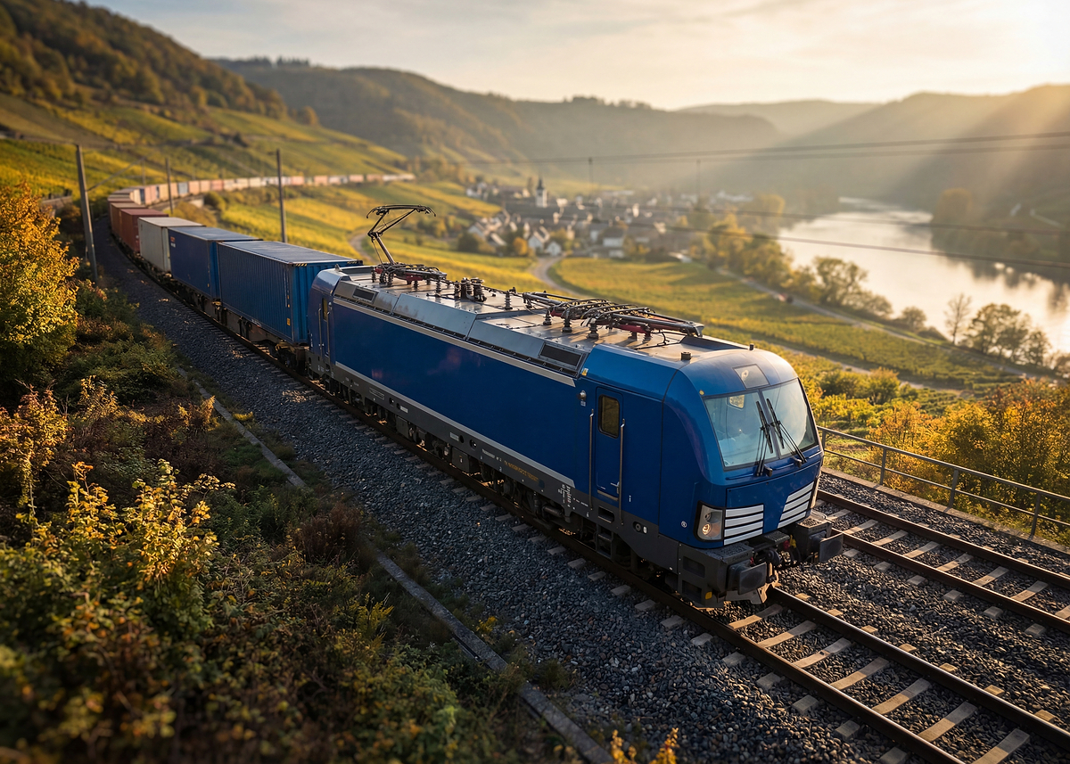 'Blue Cargo Train in Scenic Landscape' Poster, picture, metal print ...