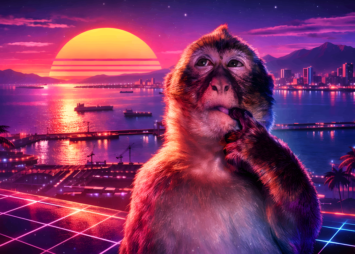 'Thinking Monkey in Synthwave Cityscape' Poster, picture, metal print ...