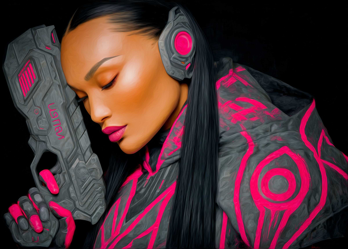 'Cyberpunk Woman with Futuristic Gun' Poster, picture, metal print ...