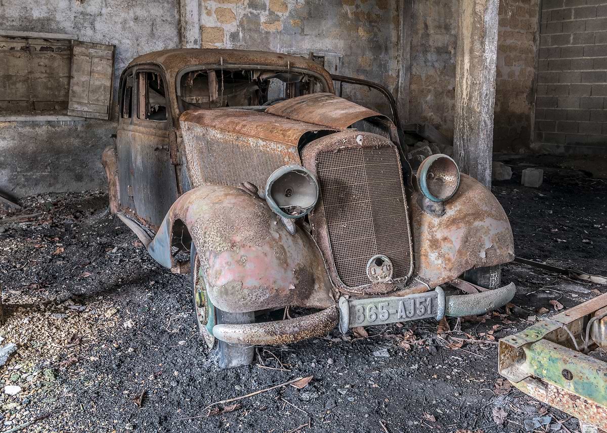 'Rusty old Mercedes car in an abandoned building' Poster, picture ...