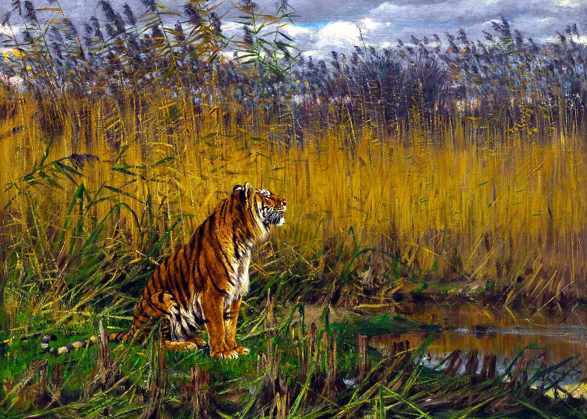 'Tiger in Tall Grass Painting' Poster, picture, metal print, paint by ...