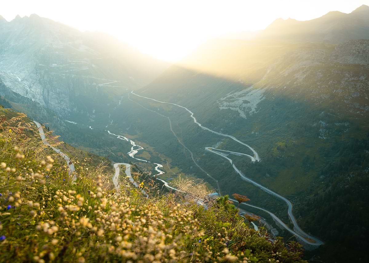 'Mountain Pass Road at Sunrise' Poster, picture, metal print, paint by ...