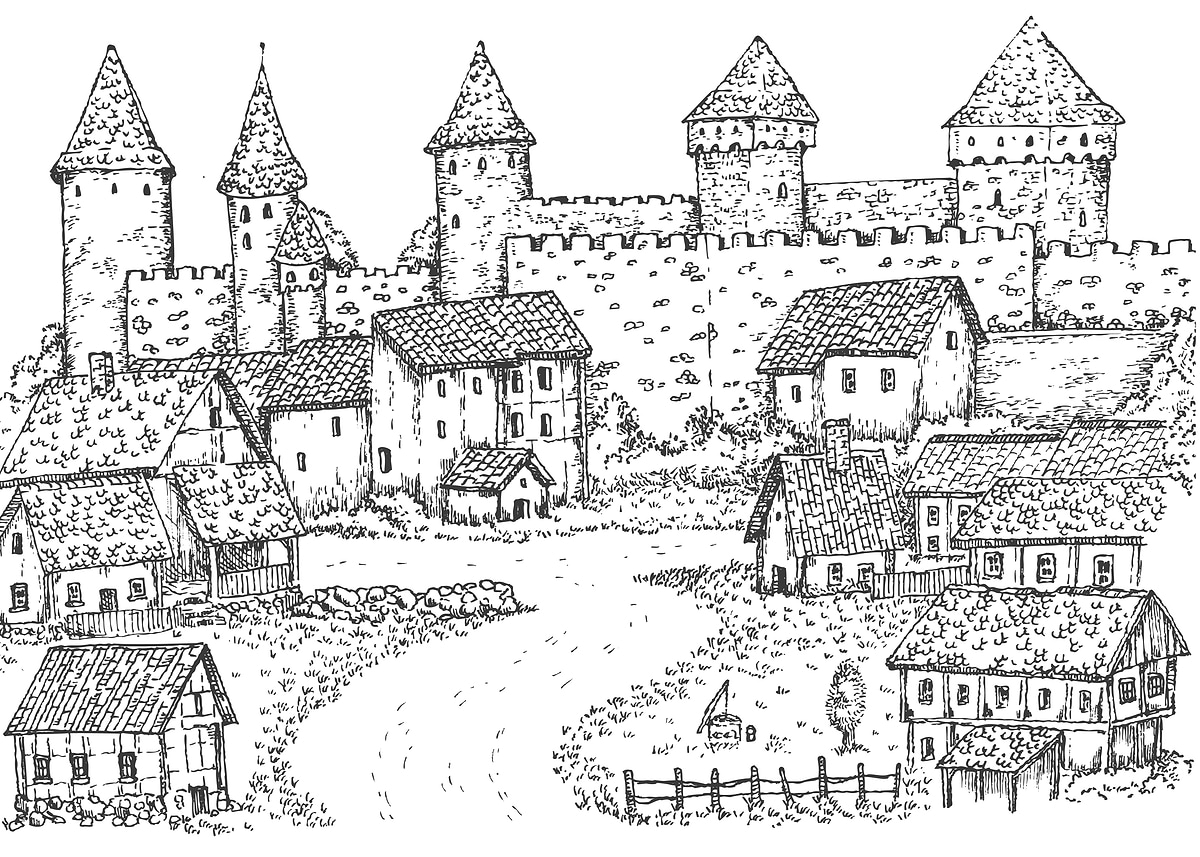 'Medieval Village with Castle Illustration' Poster, picture, metal ...