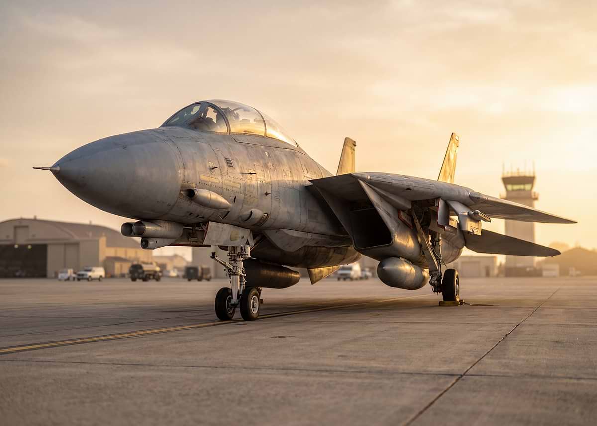 'F-14 Tomcat on Airfield at Sunset' Poster, picture, metal print, paint ...
