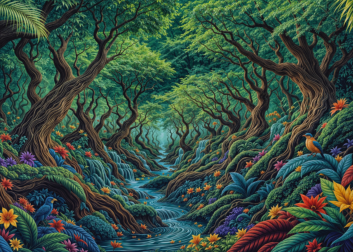 'Lush Forest Stream Landscape' Poster, picture, metal print, paint by ...