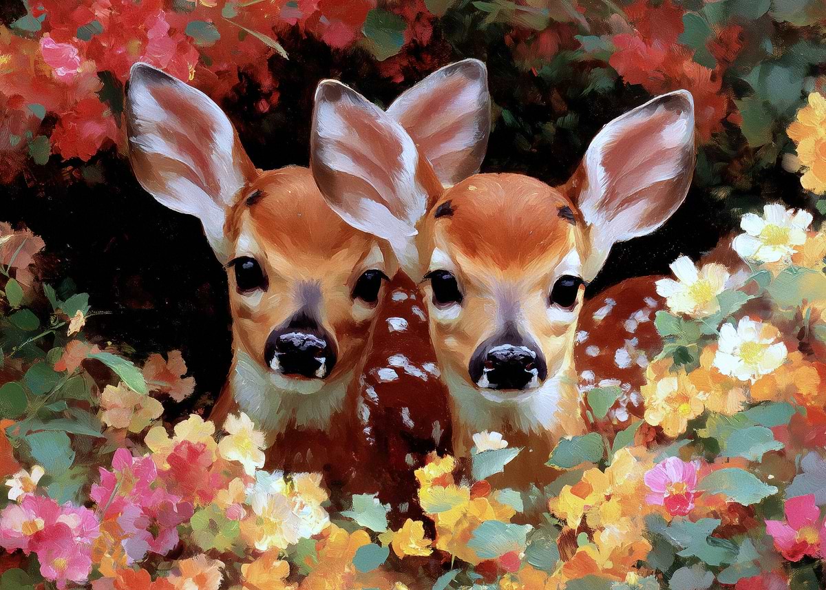 'Two Fawns Among Flowers Painting' Poster, picture, metal print, paint ...
