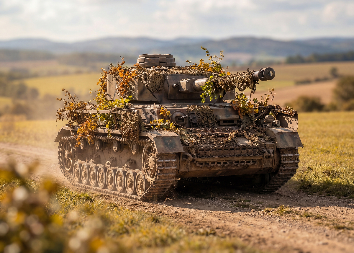 'Camouflaged Panzer IV Tank in Field' Poster, picture, metal print ...
