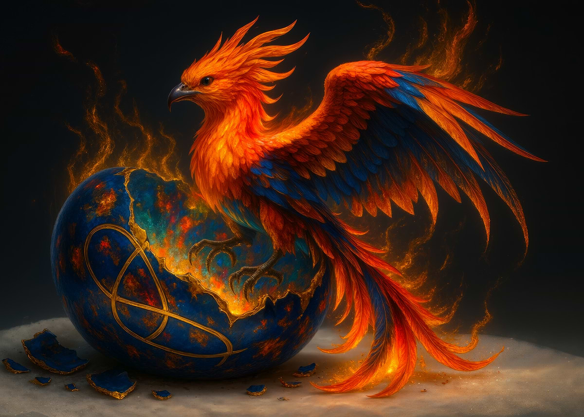 'Phoenix emerging from a cracked sphere' Poster, picture, metal print ...