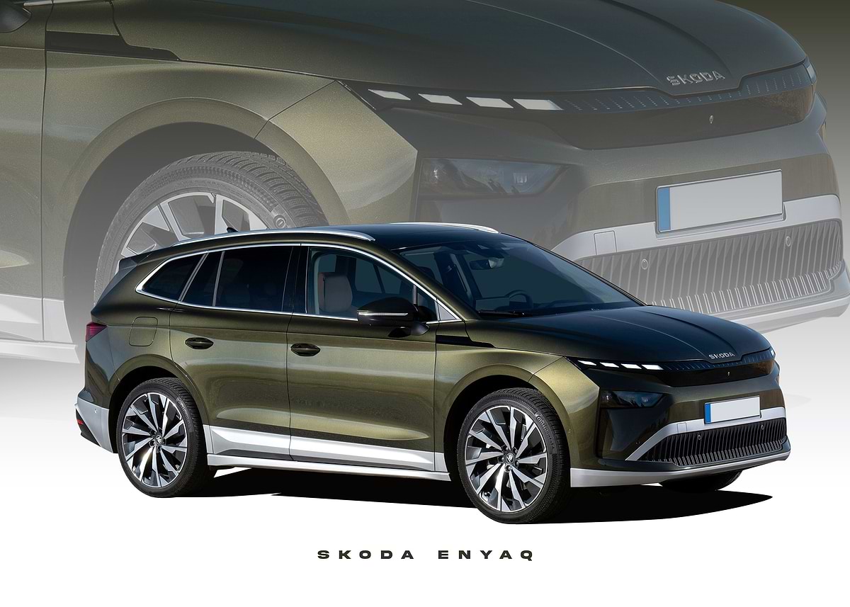 'Skoda Enyaq Olive Green Car' Poster, picture, metal print, paint by ...