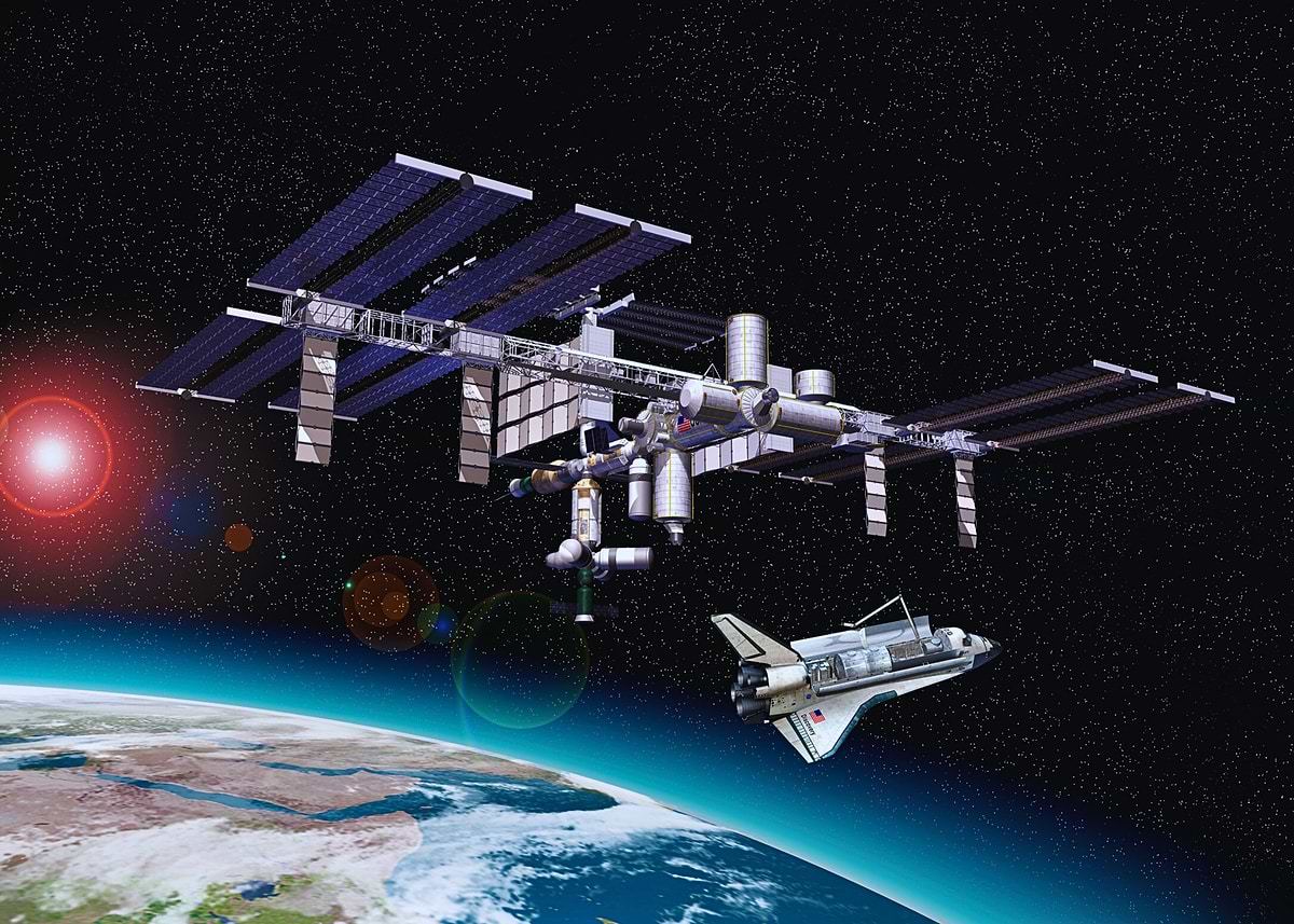'Space Station and Shuttle Orbiting Earth' Poster, picture, metal print ...