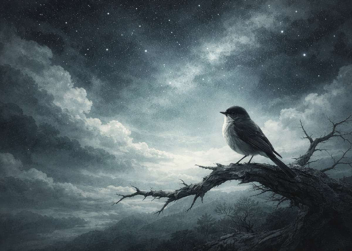 'Bird on Branch Under Starry Sky' Poster, picture, metal print, paint ...