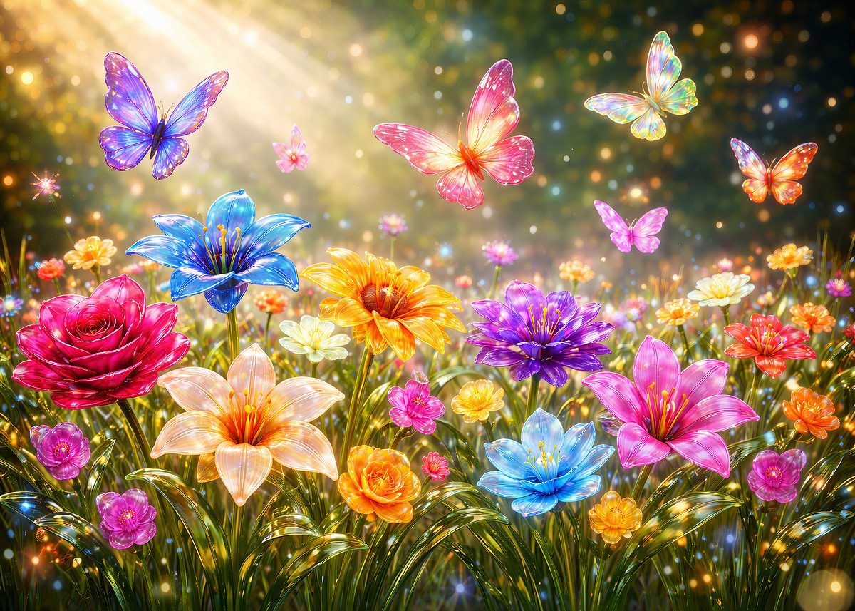 'Colorful Flowers and Butterflies in Sunlight' Poster, picture, metal ...