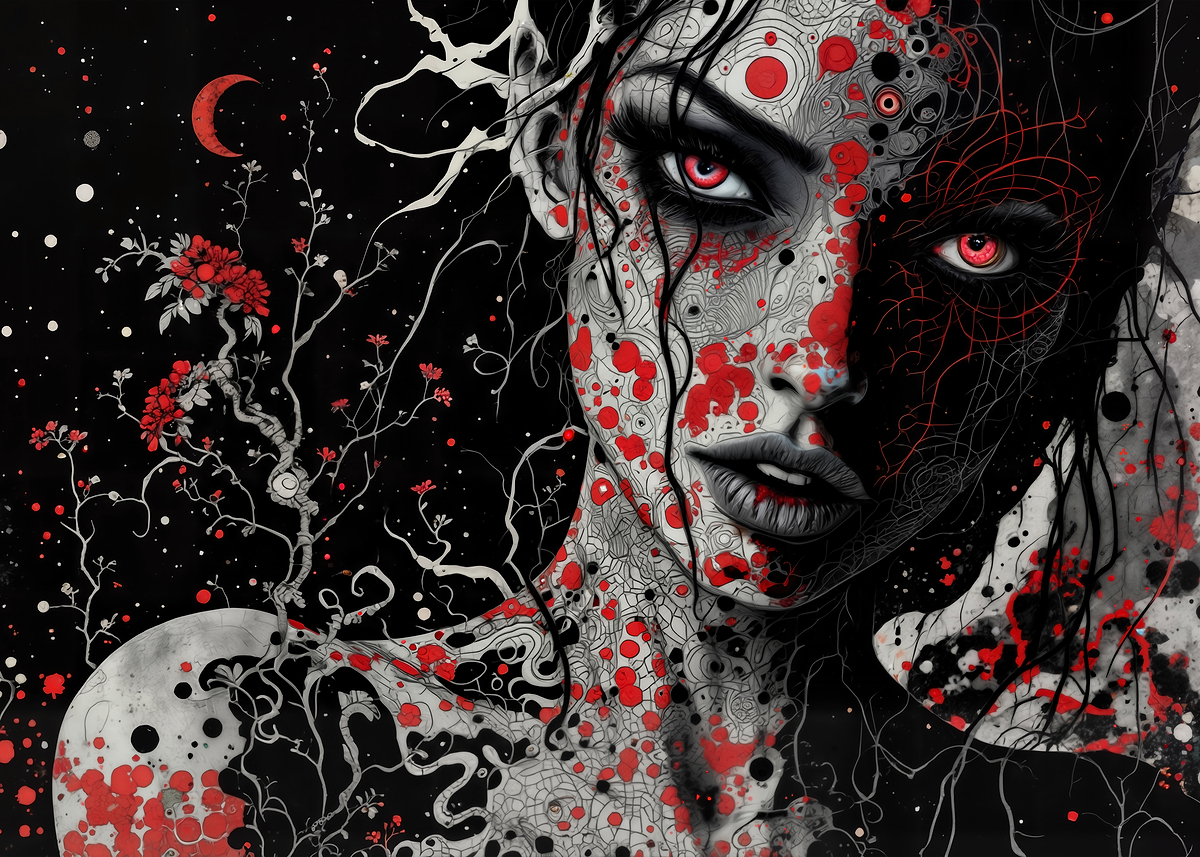 'Red-Eyed Woman with Floral and Lunar Motifs' Poster, picture, metal ...