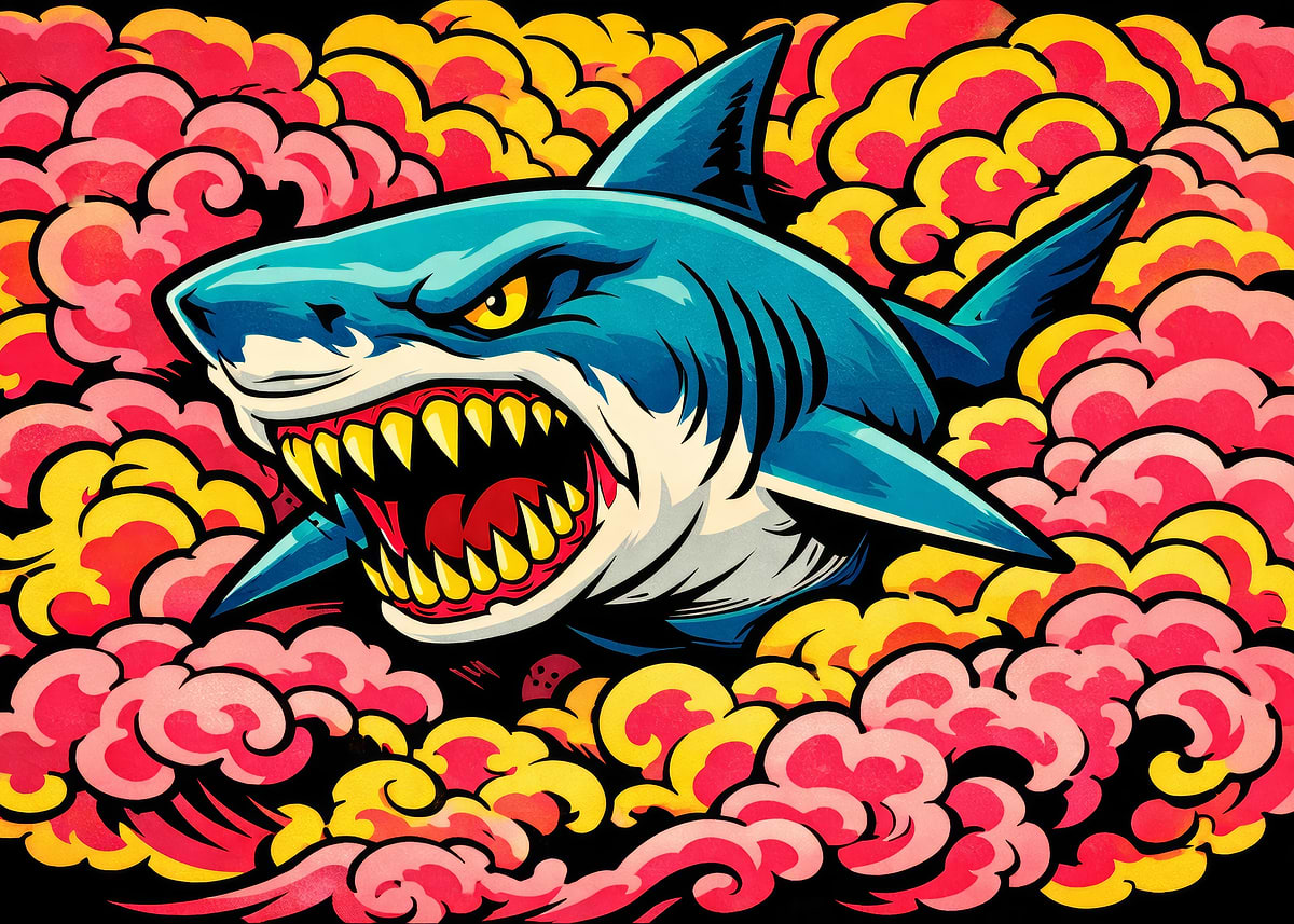 'Aggressive Shark in Colorful Cloud' Poster, picture, metal print ...