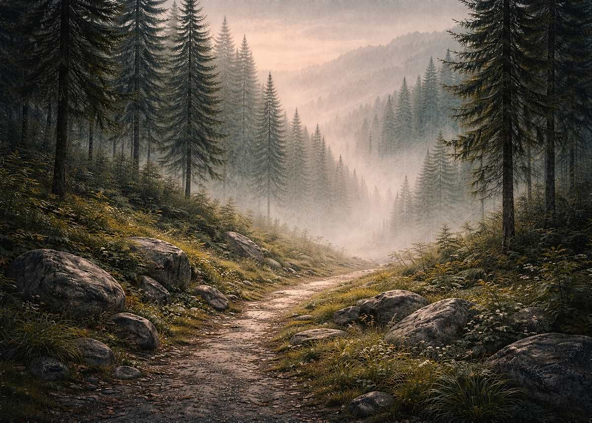 'Misty Forest Path Landscape' Poster, picture, metal print, paint by ...