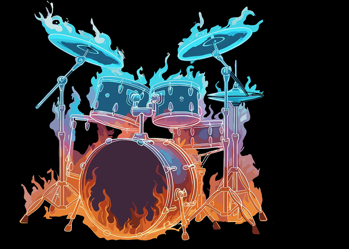 'Flaming Drum Set on Black Background' Poster, picture, metal print ...