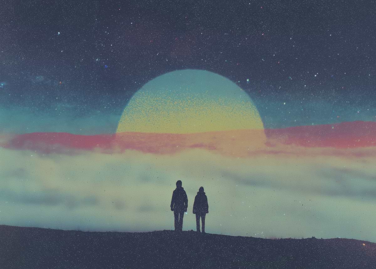 'Two Silhouettes Under a Celestial Sky' Poster, picture, metal print ...