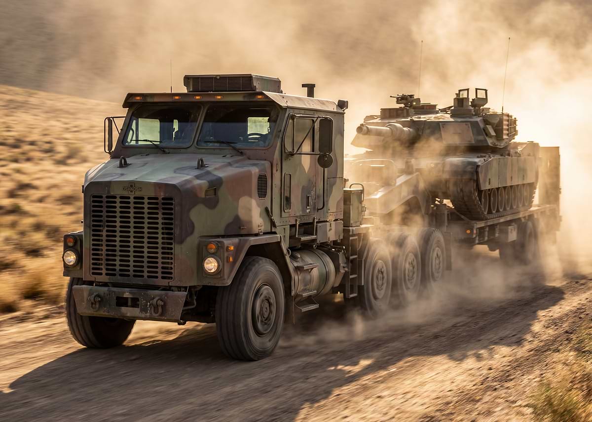 'Military Truck Transporting Tank on Dirt Road' Poster, picture, metal ...